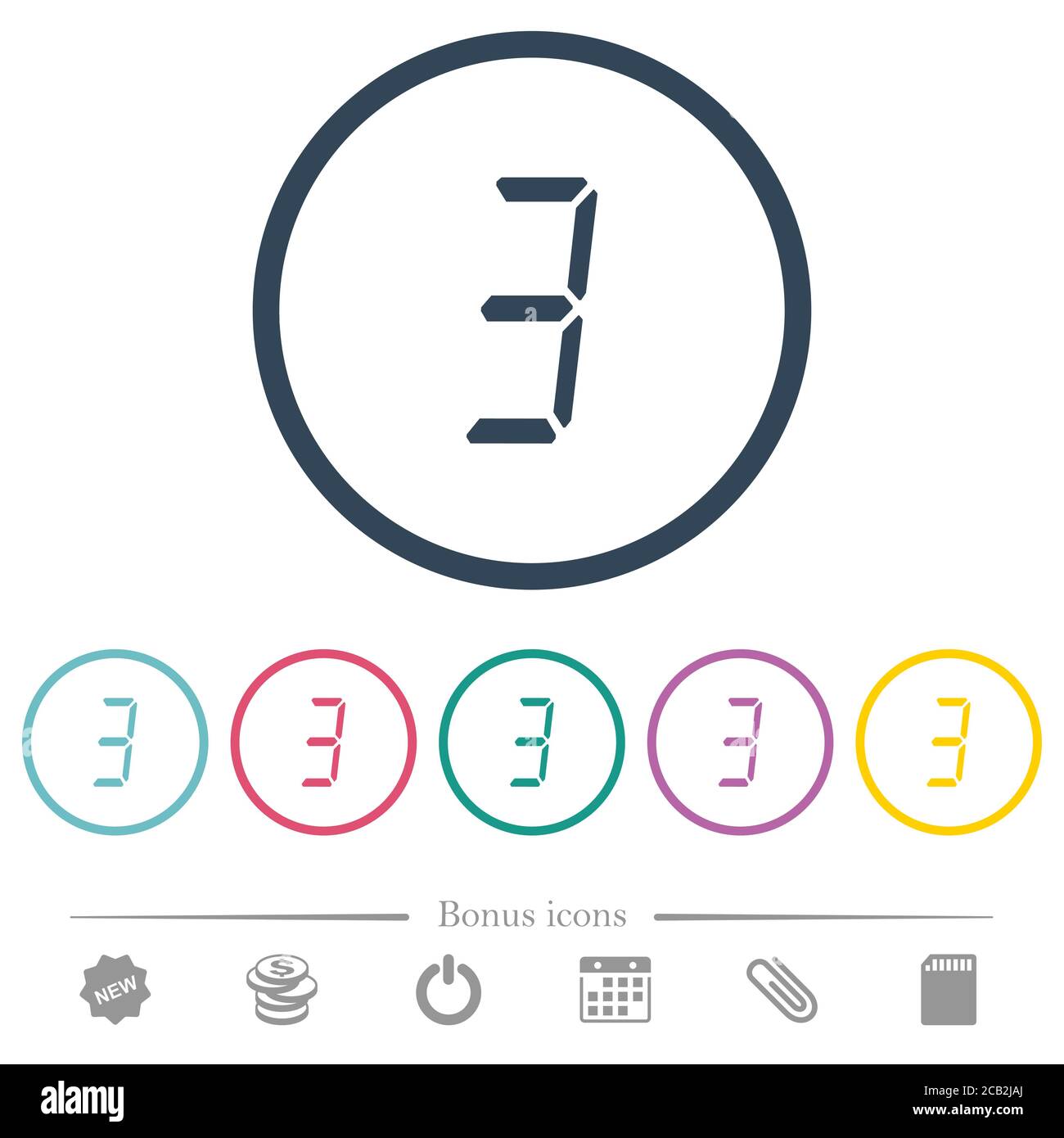 digital number three of seven segment type flat color icons in round ...