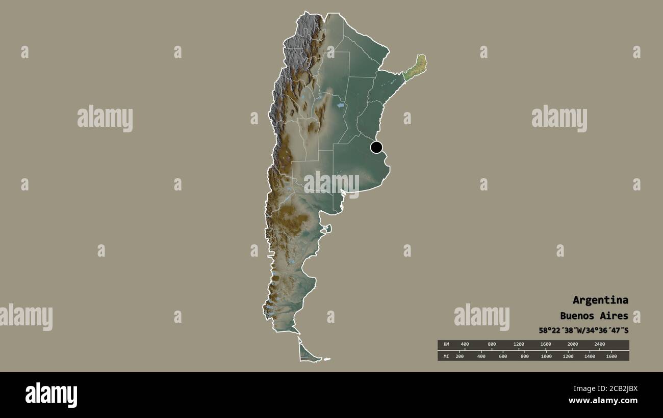Desaturated shape of Argentina with its capital, main regional division ...