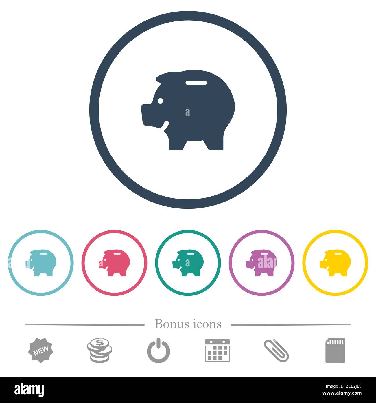 Left facing piggy bank flat color icons in round outlines. 6 bonus ...