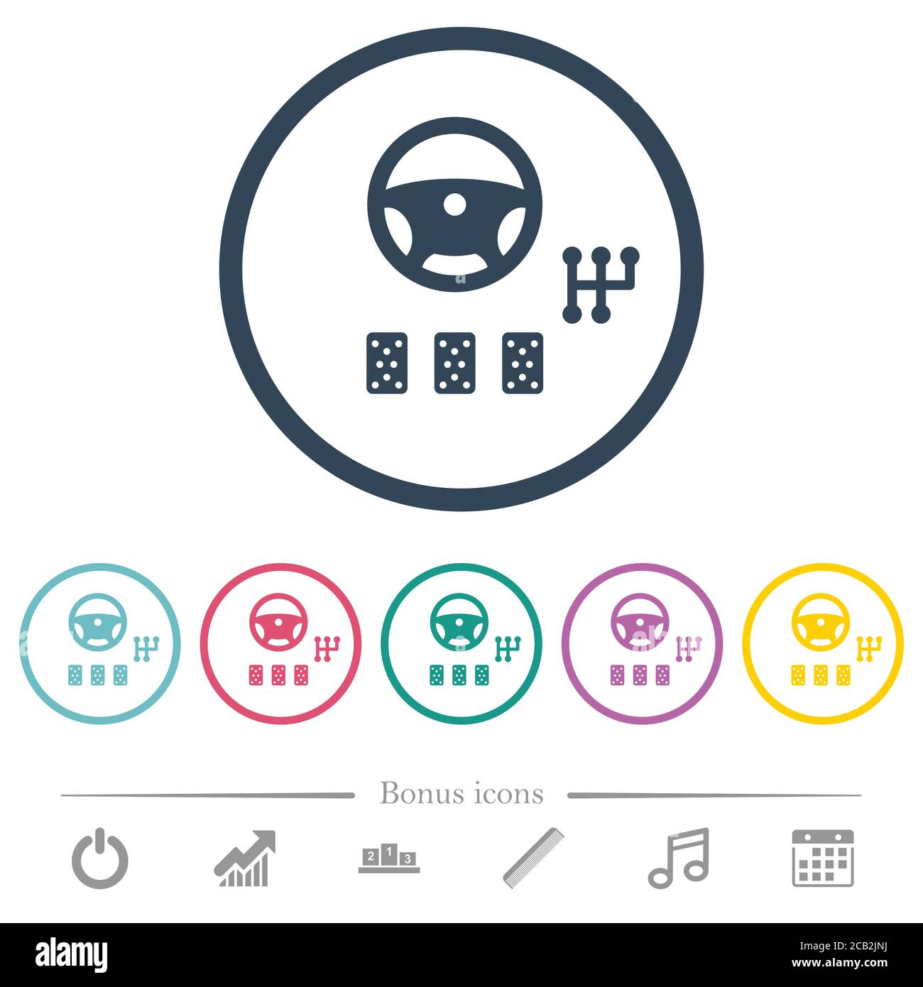 Car controls flat color icons in round outlines. 6 bonus icons included ...