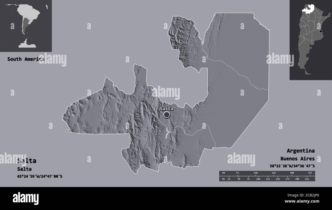 Shape of Salta, province of Argentina, and its capital. Distance scale ...