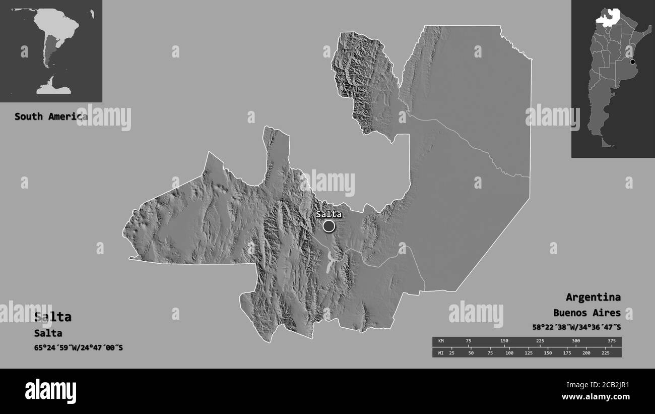 Shape of Salta, province of Argentina, and its capital. Distance scale ...