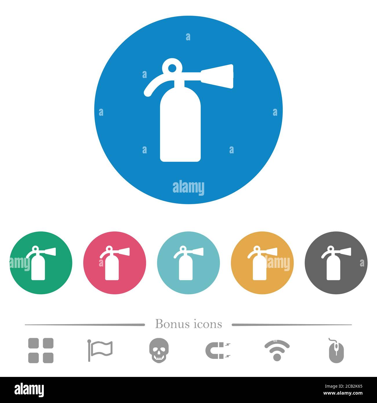Fire extinguisher flat white icons on round color backgrounds. 6 bonus ...