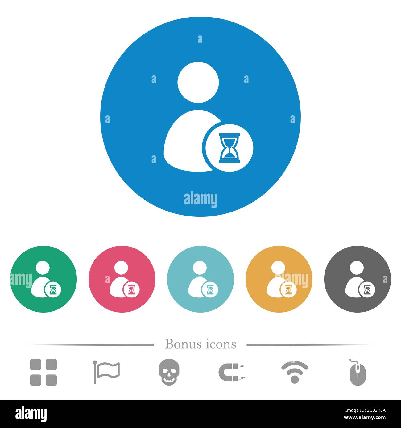 User account waiting flat white icons on round color backgrounds. 6 ...