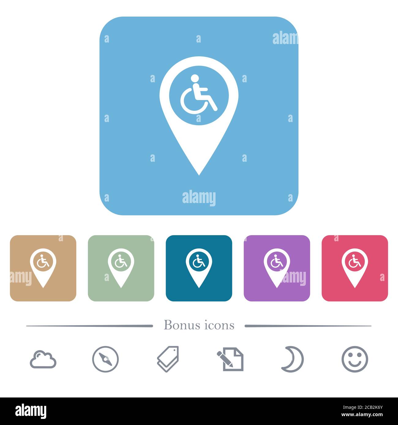 Disability accessibility GPS map location white flat icons on color ...