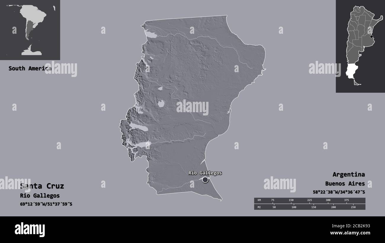 Shape of Santa Cruz, province of Argentina, and its capital. Distance ...