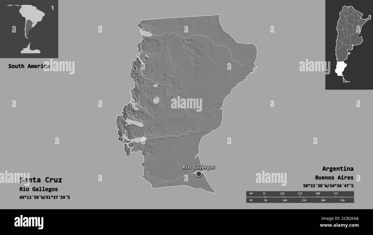 Shape of Santa Cruz, province of Argentina, and its capital. Distance ...