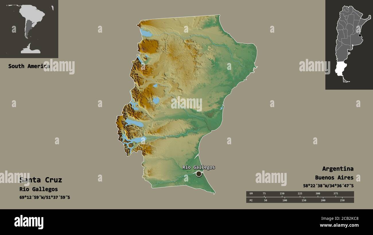 Shape of Santa Cruz, province of Argentina, and its capital. Distance ...