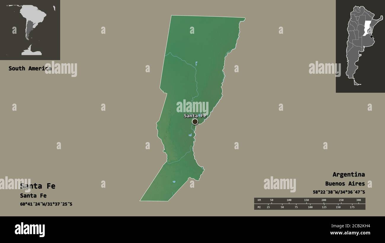 Shape of Santa Fe, province of Argentina, and its capital. Distance ...