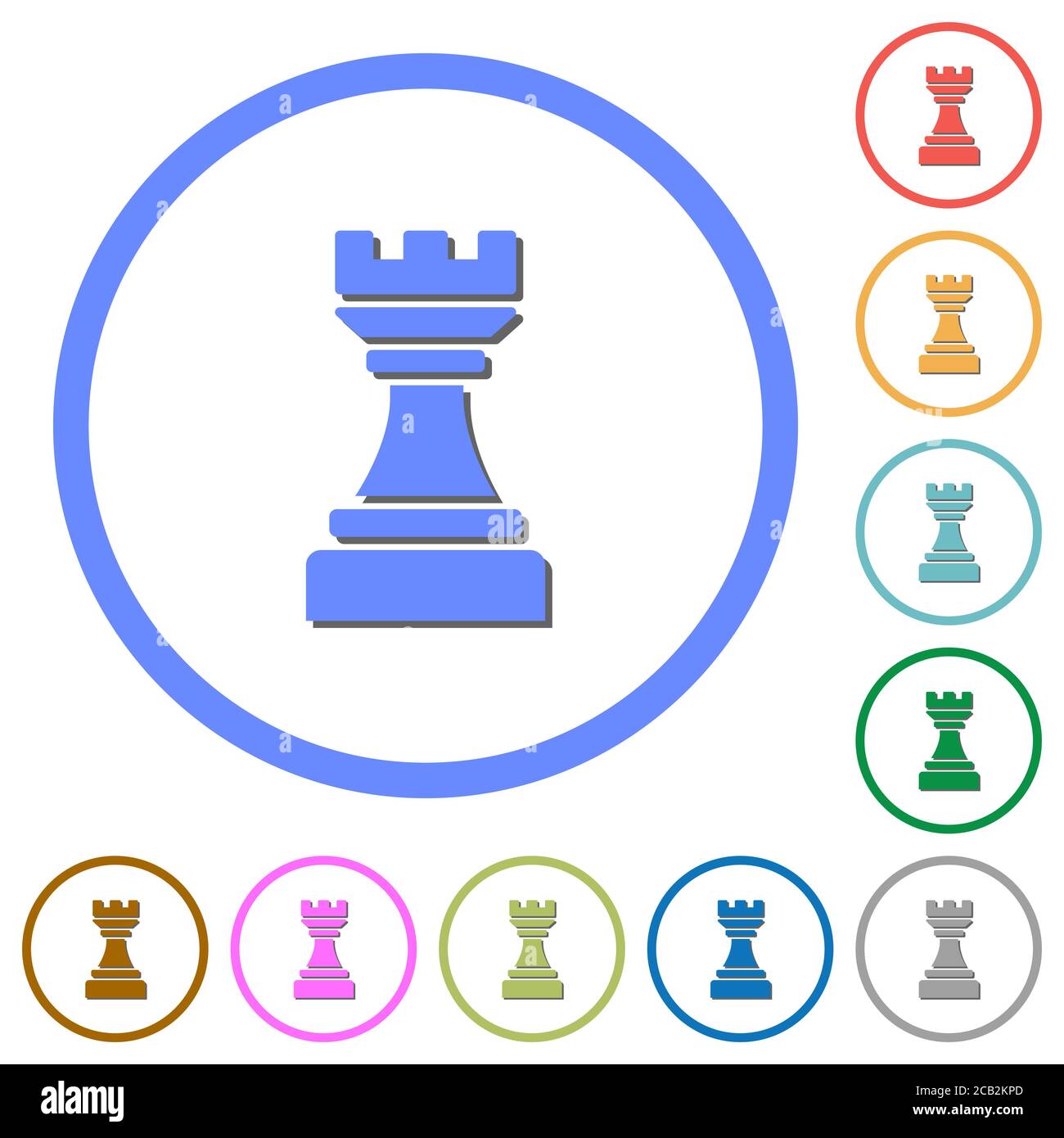 Black chess rook flat color vector icons with shadows in round outlines ...