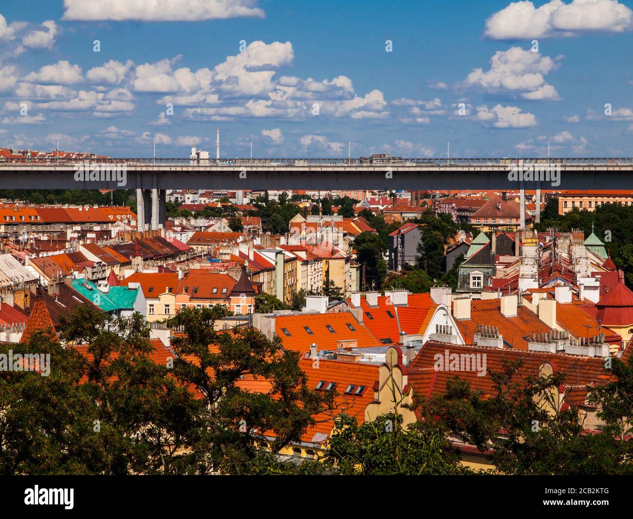 Modern transport bridge above residential part of Prague Stock Photo ...