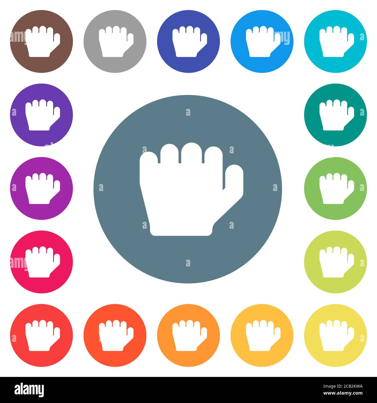 Left handed grab gesture flat white icons on round color backgrounds ...