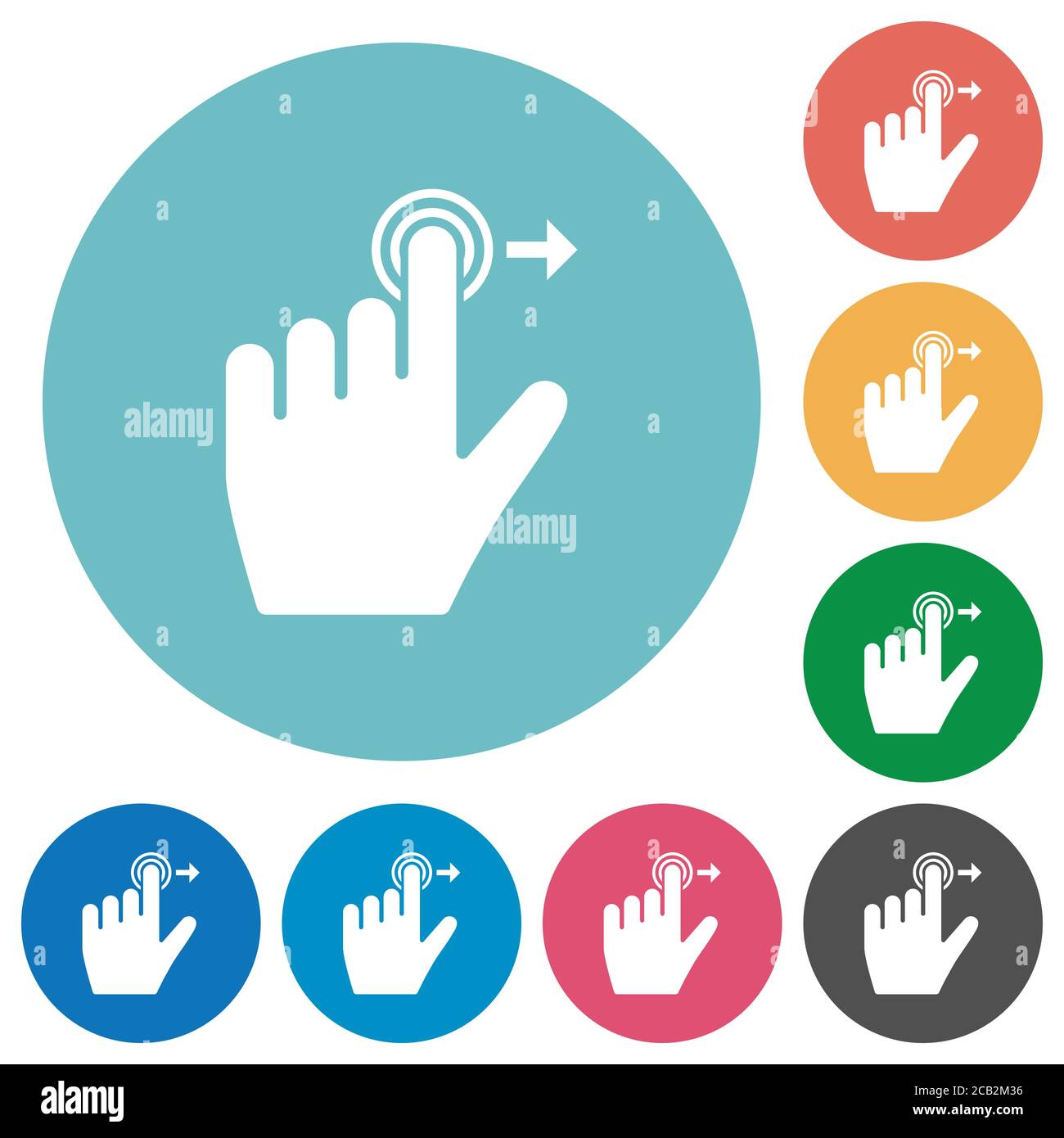 Left handed slide right gesture flat white icons on round color ...