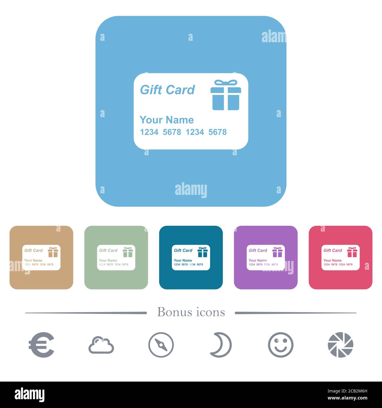 Gift card with name and numbers white flat icons on color rounded ...