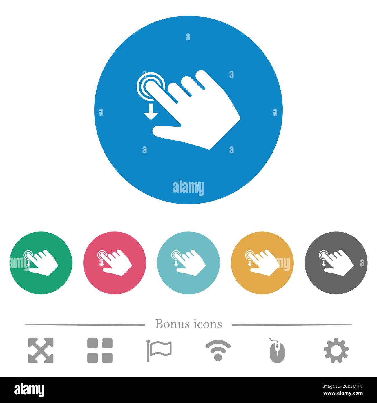 Right handed slide down gesture flat white icons on round color ...