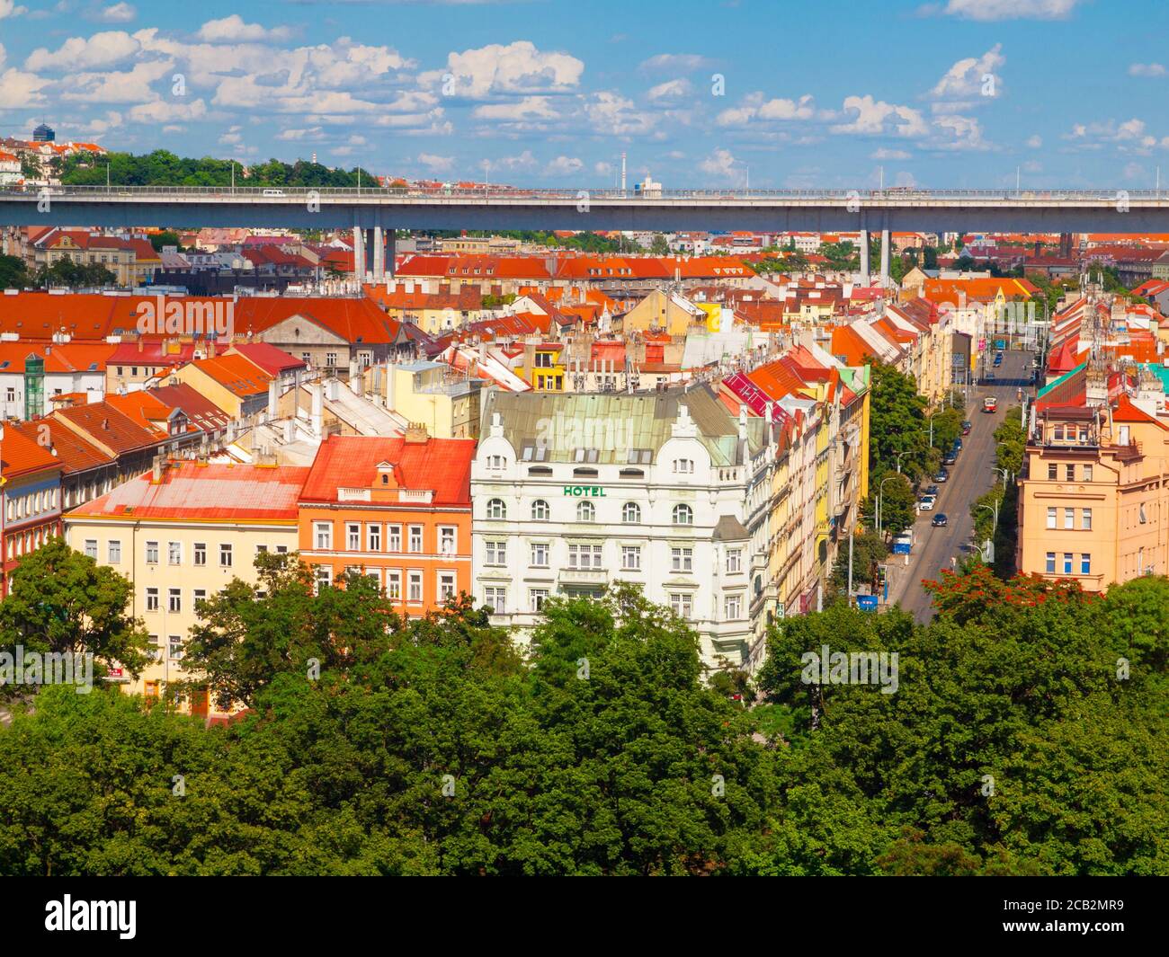 Prague cityscape on sunny summer day with Nusle Valley and Nusle Bridge ...