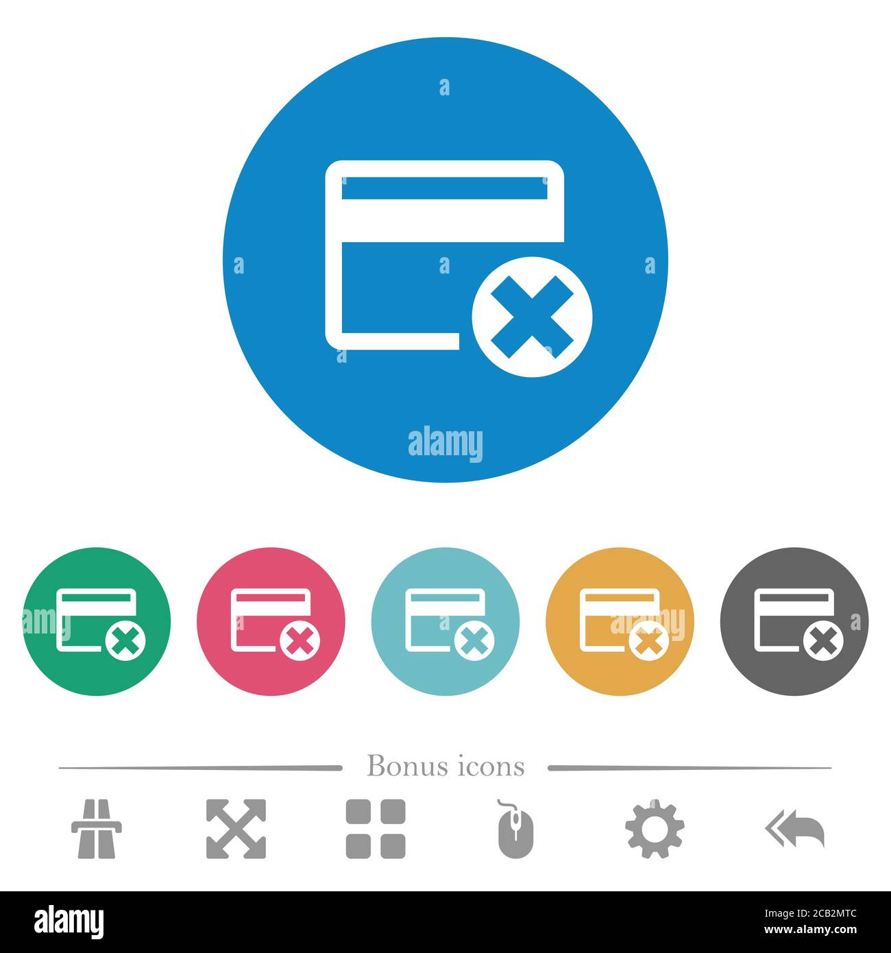 Cancel credit card flat white icons on round color backgrounds. 6 bonus ...