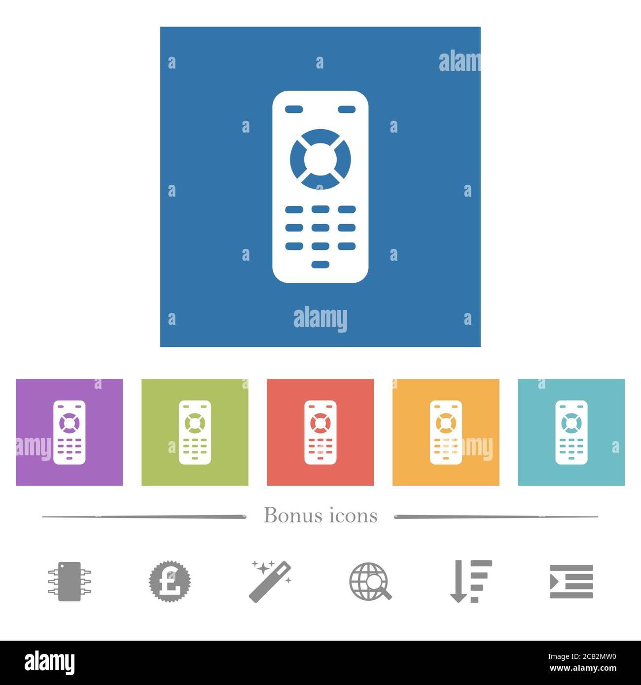 Remote control flat white icons in square backgrounds. 6 bonus icons ...