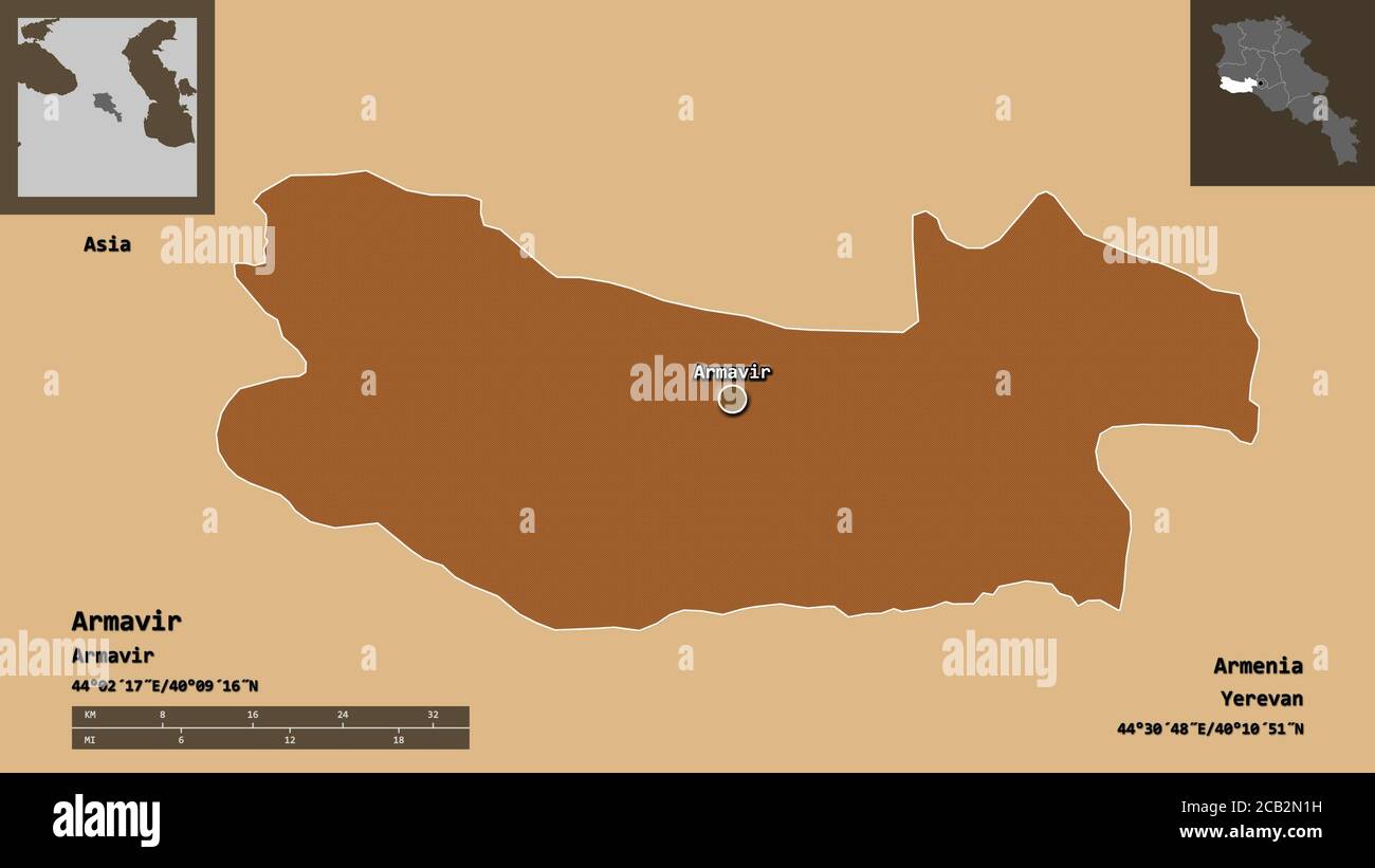 Shape of Armavir, province of Armenia, and its capital. Distance scale ...
