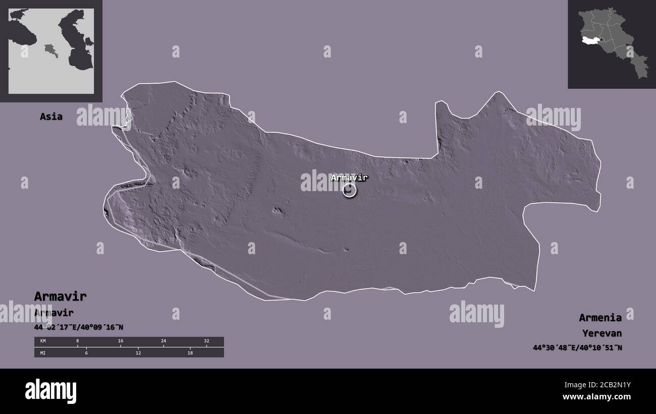 Shape of Armavir, province of Armenia, and its capital. Distance scale ...