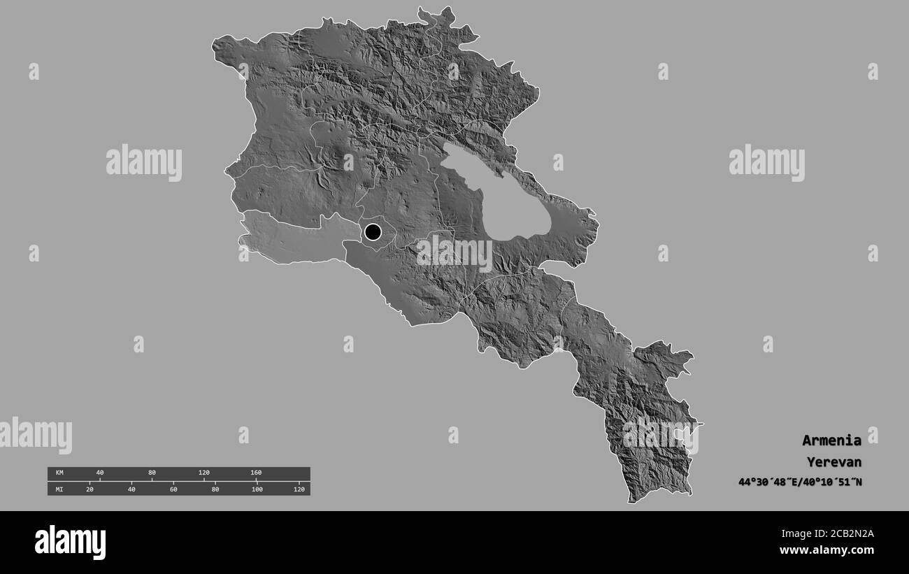 Desaturated shape of Armenia with its capital, main regional division ...