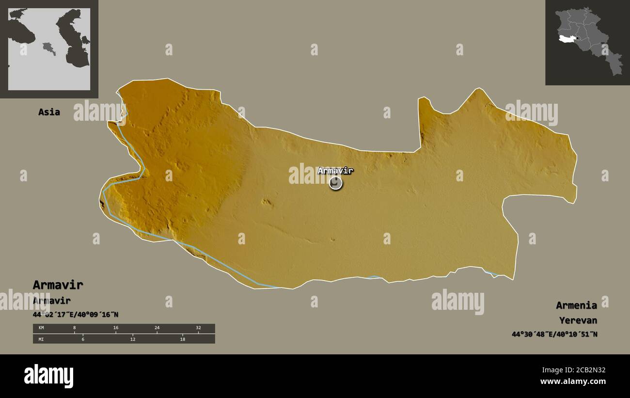 Shape of Armavir, province of Armenia, and its capital. Distance scale ...