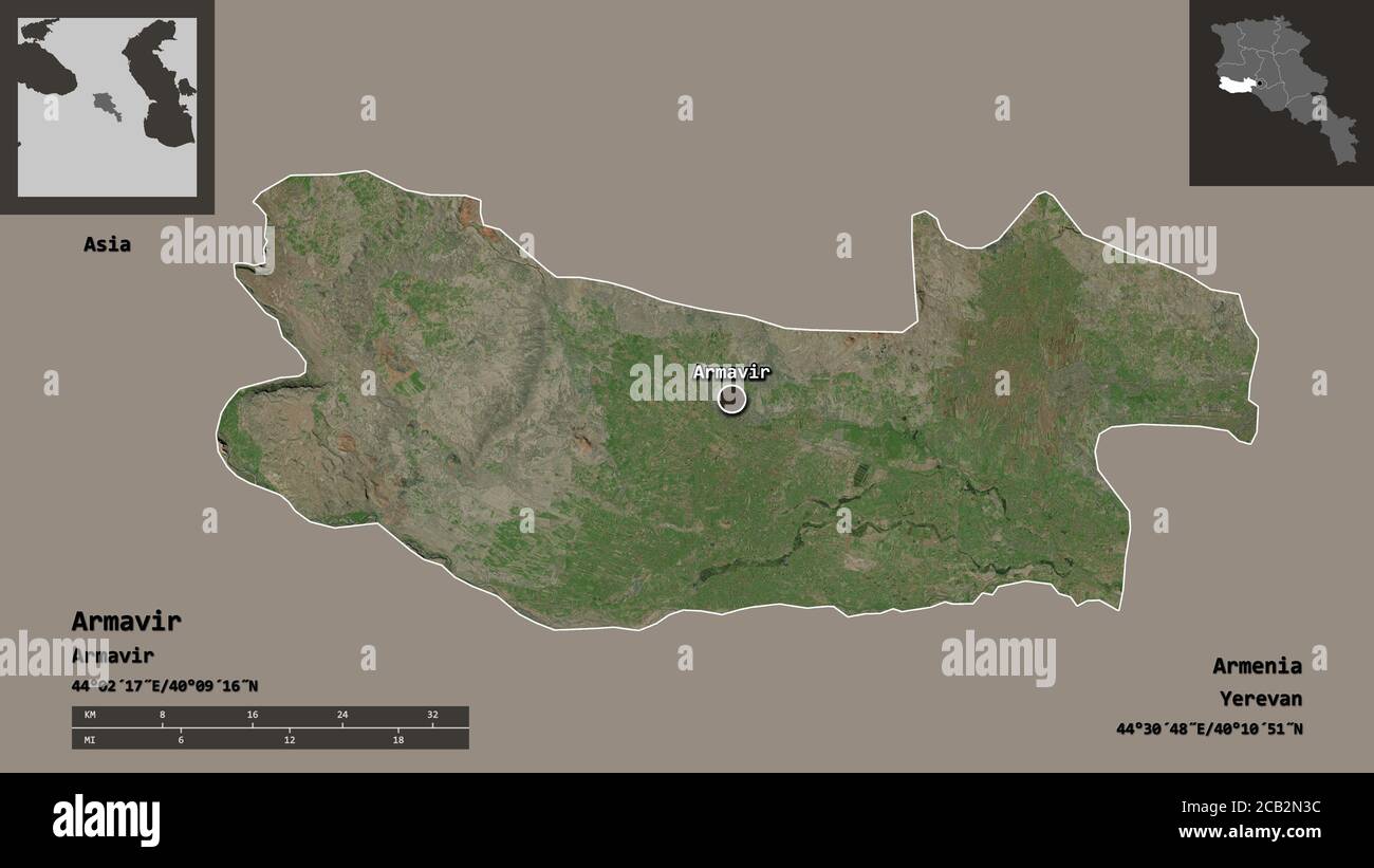 Shape of Armavir, province of Armenia, and its capital. Distance scale ...