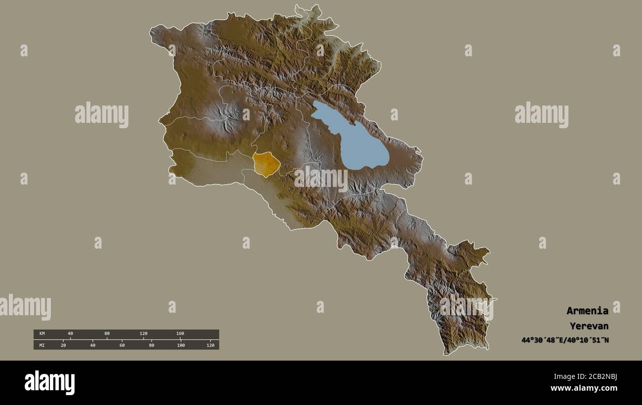 Desaturated shape of Armenia with its capital, main regional division and the separated Erevan ...