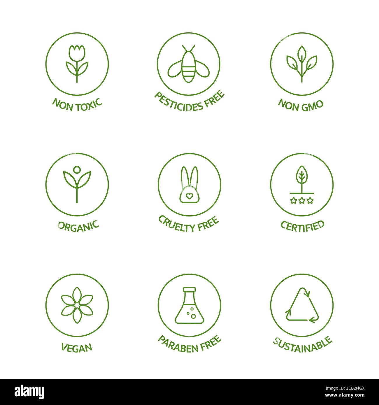 Organic stickers. GMO free emblems. Organic cosmetic line icons set ...