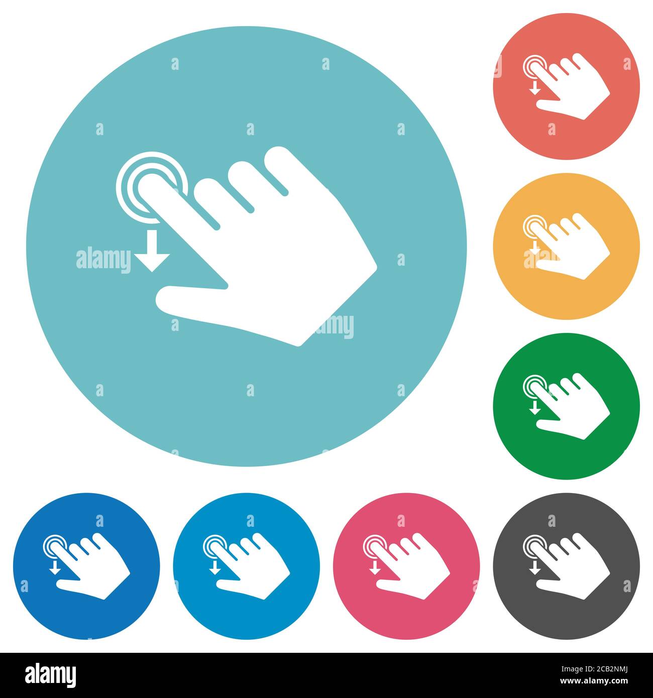 Right handed slide down gesture flat white icons on round color ...