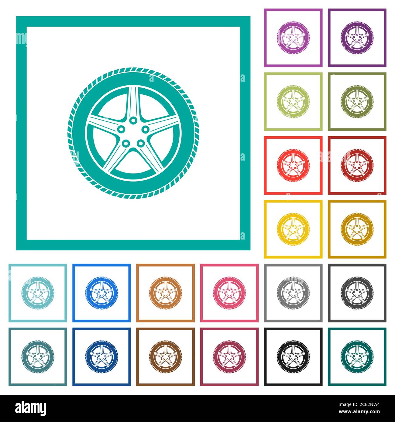 Car wheel flat color icons with quadrant frames on white background ...