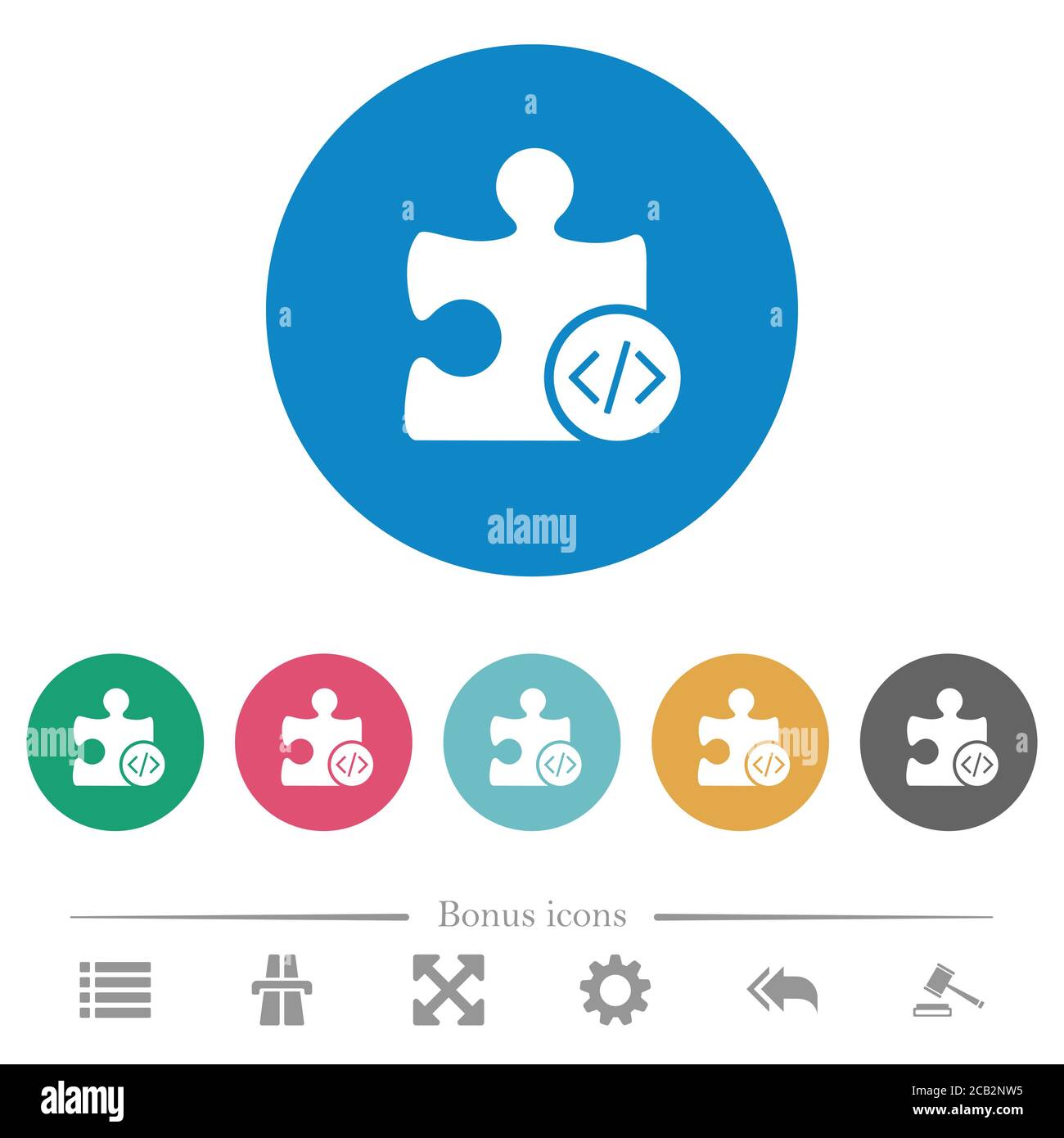 Plugin programming flat white icons on round color backgrounds. 6 bonus ...