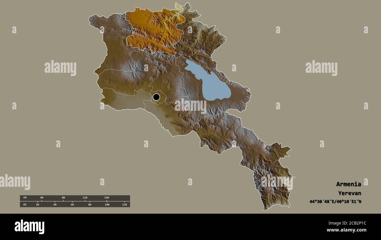 Desaturated shape of Armenia with its capital, main regional division ...
