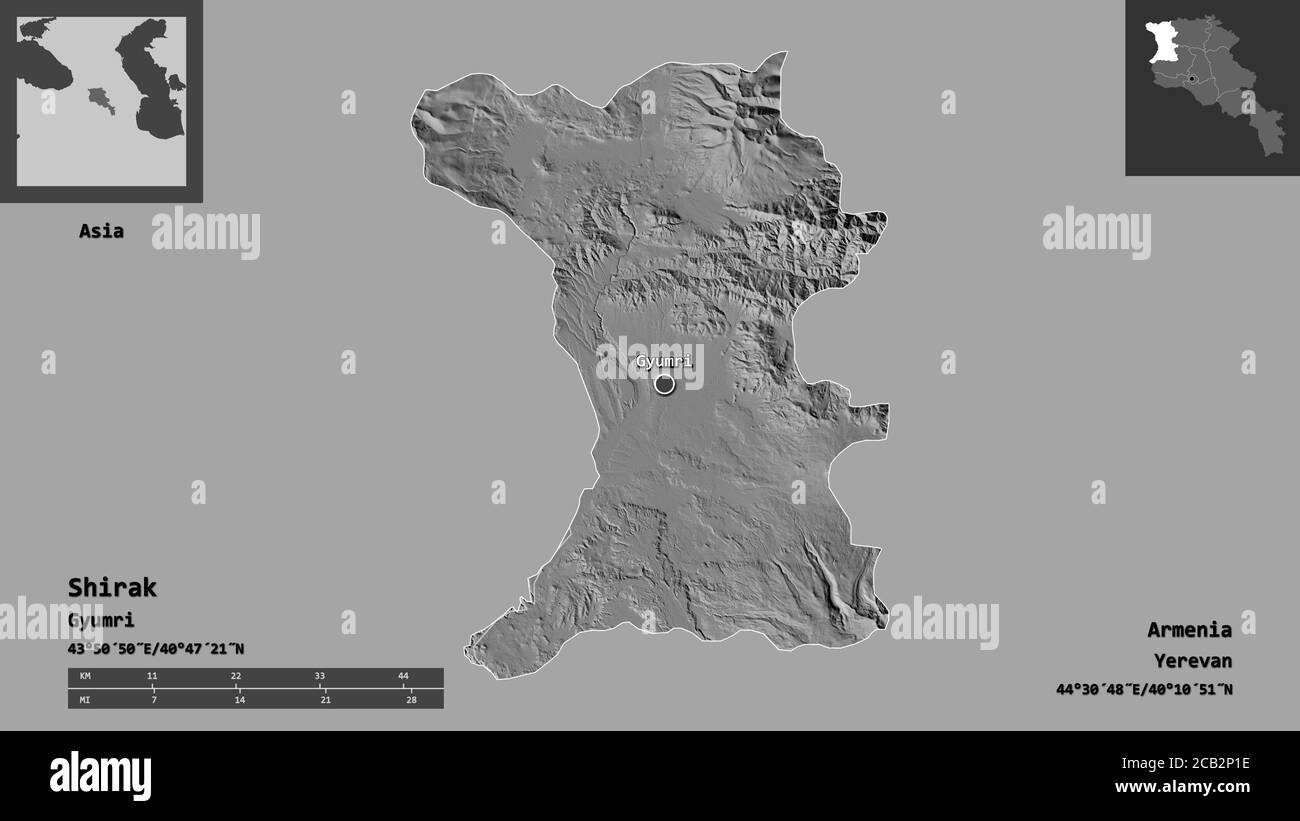Shape of Shirak, province of Armenia, and its capital. Distance scale ...