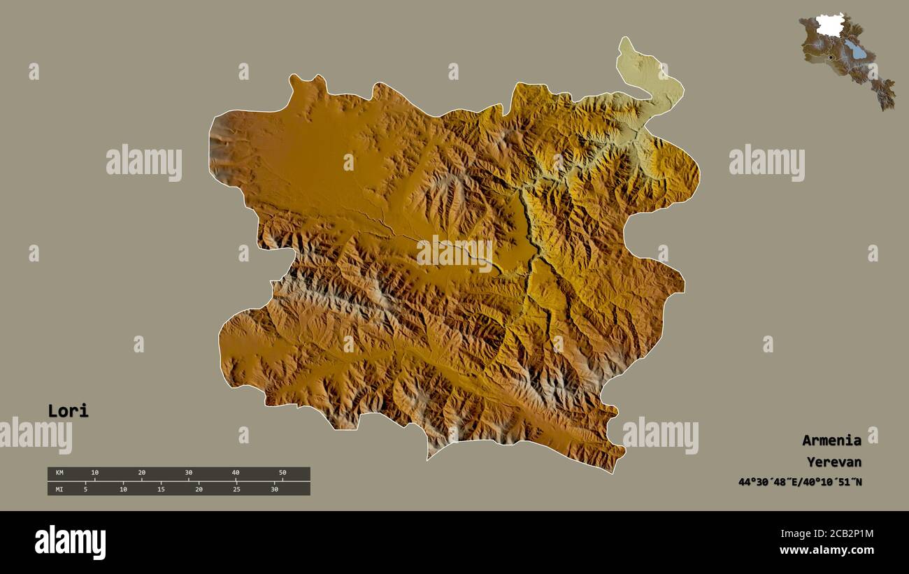 Shape of Lori, province of Armenia, with its capital isolated on solid ...