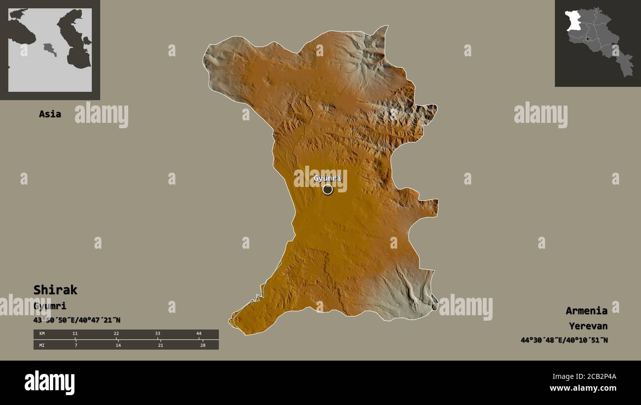 Shape of Shirak, province of Armenia, and its capital. Distance scale ...