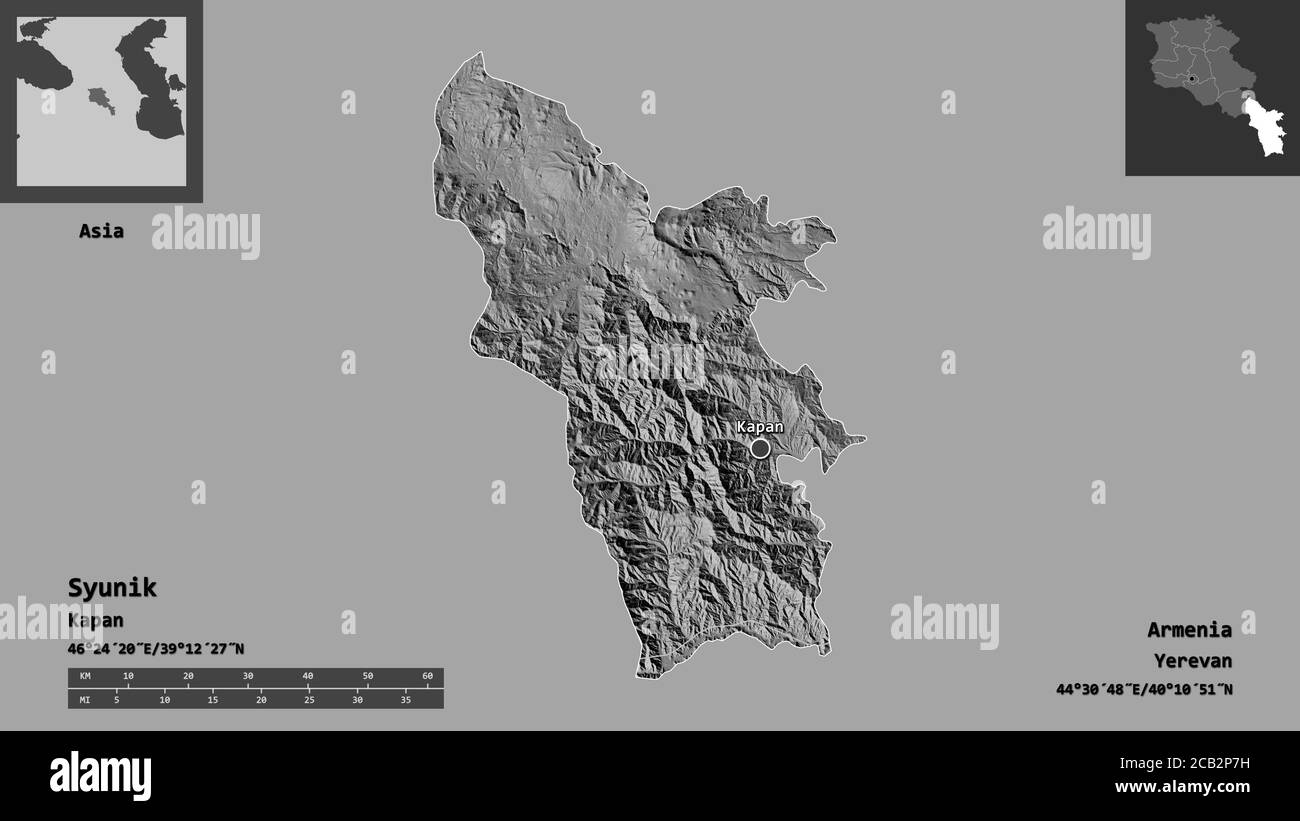 Shape of Syunik, province of Armenia, and its capital. Distance scale ...
