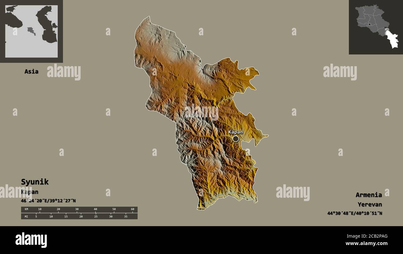 Shape of Syunik, province of Armenia, and its capital. Distance scale ...