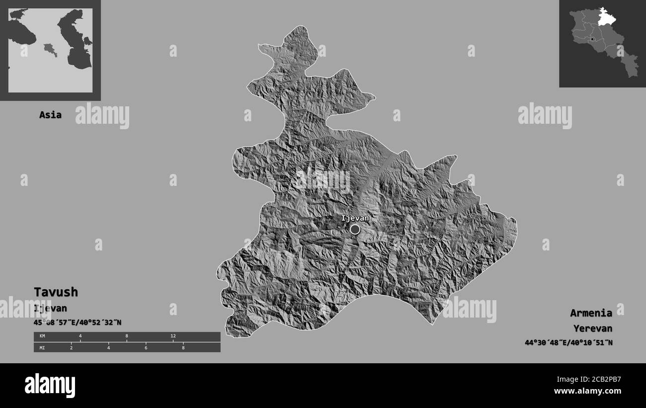 Shape of Tavush, province of Armenia, and its capital. Distance scale ...
