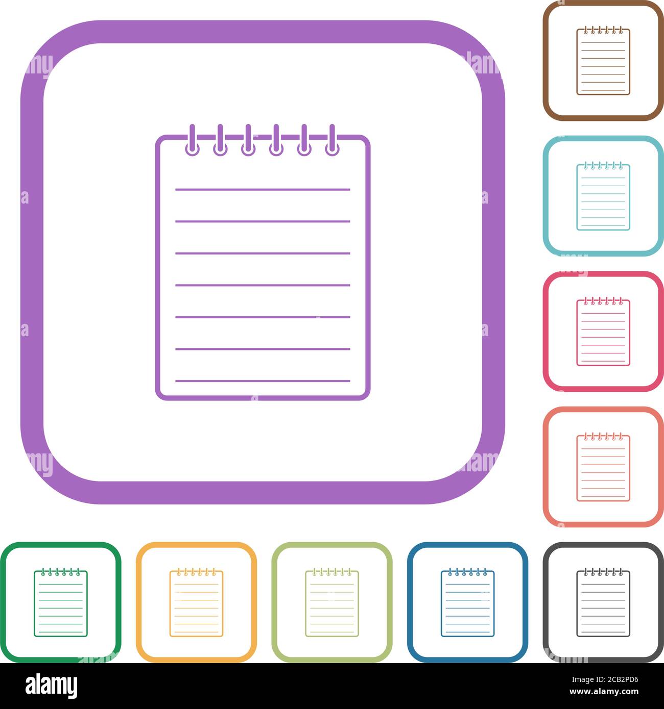 Notepad simple icons in color rounded square frames on white background ...
