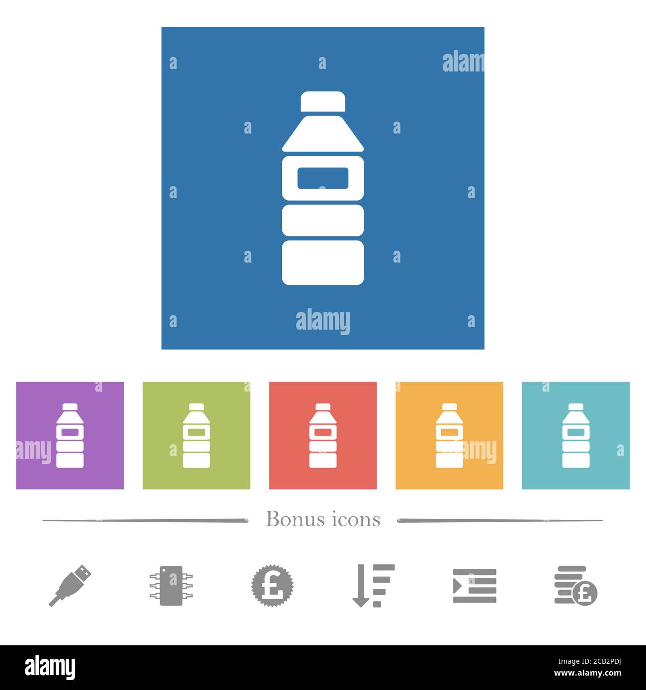 Water bottle with label flat white icons in square backgrounds. 6 bonus ...