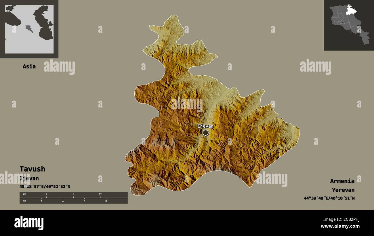 Shape of Tavush, province of Armenia, and its capital. Distance scale ...