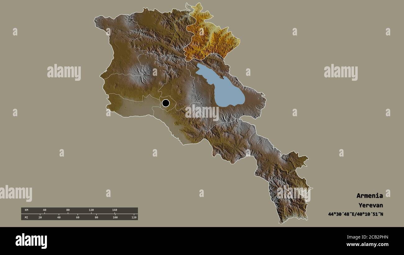 Desaturated shape of Armenia with its capital, main regional division ...