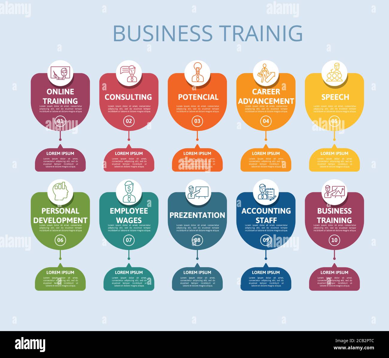 Infographic Business Training template. Icons in different colors ...