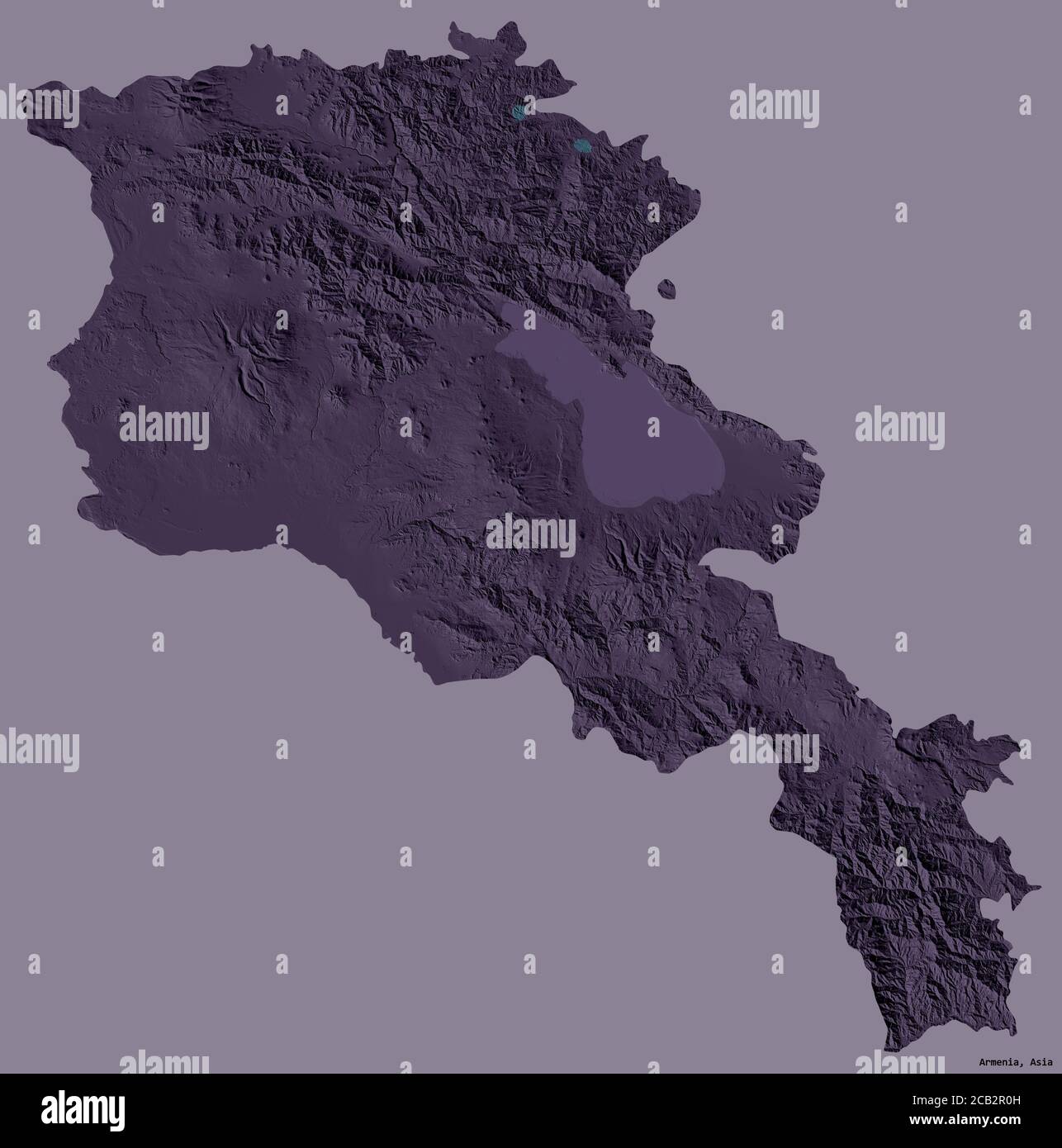 Shape of Armenia with its capital isolated on a solid color background. Colored elevation map ...
