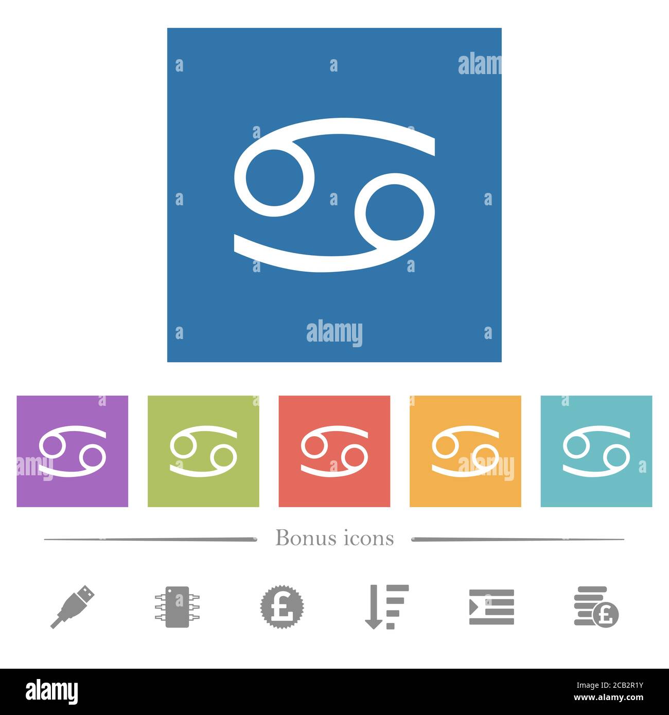 Cancer zodiac symbol flat white icons in square backgrounds. 6 bonus ...