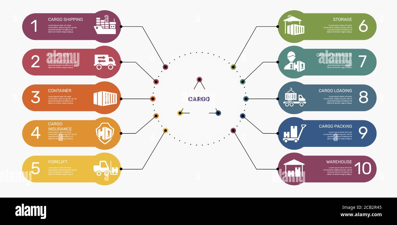Infographic Cargo template. Icons in different colors. Include Cargo ...
