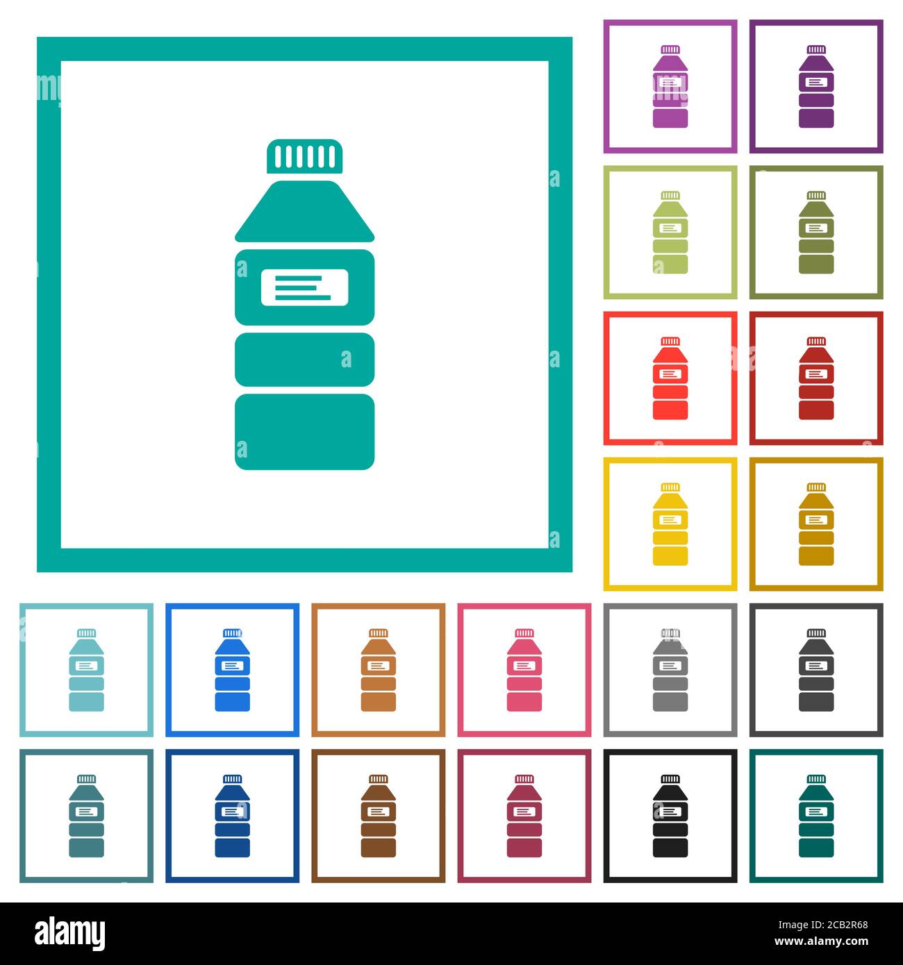 Water bottle with label flat color icons with quadrant frames on white ...
