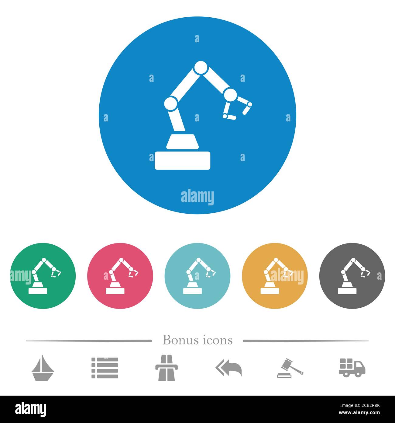 Robot arm flat white icons on round color backgrounds. 6 bonus icons ...
