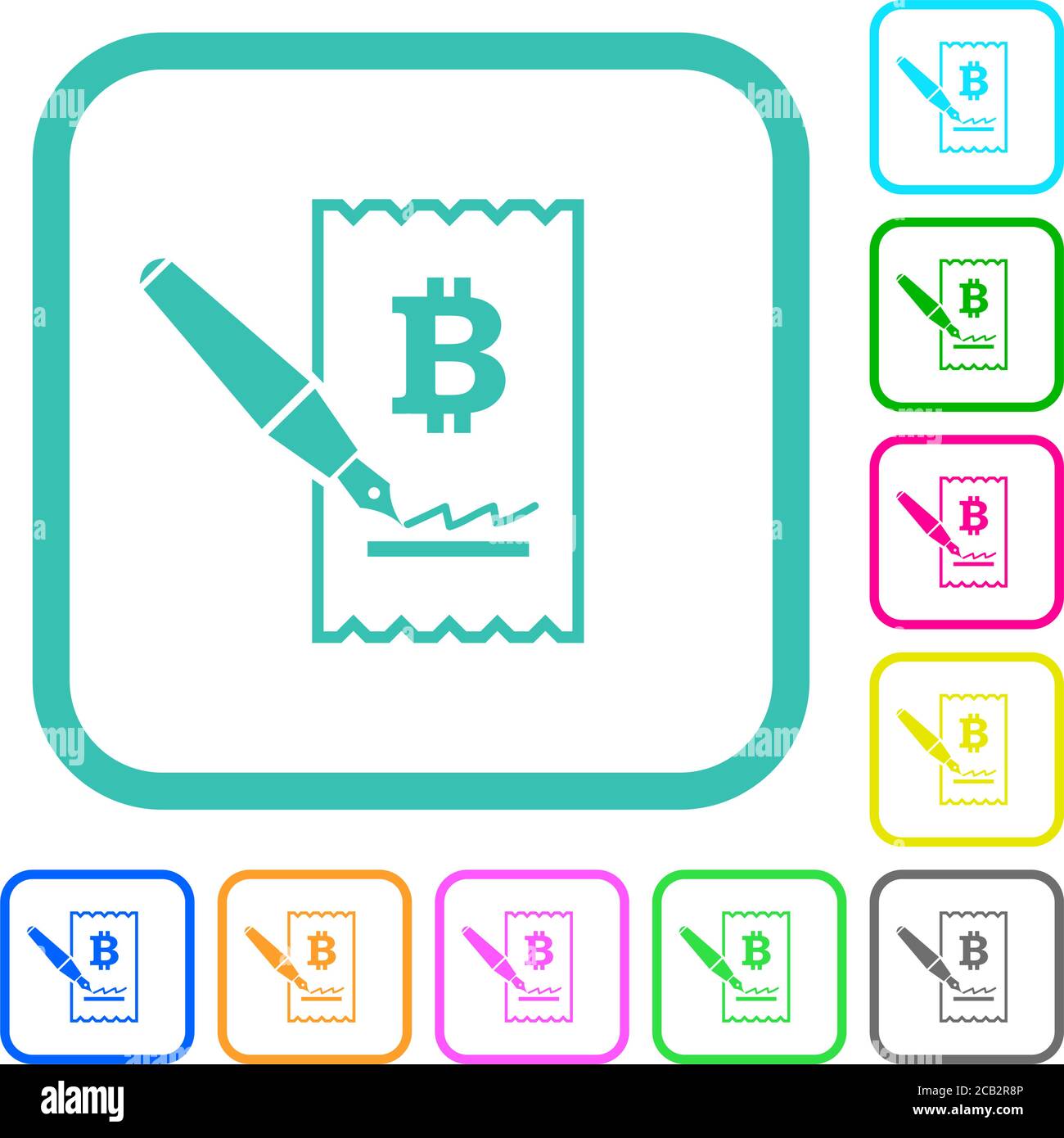 Signing Bitcoin cheque vivid colored flat icons in curved borders on ...
